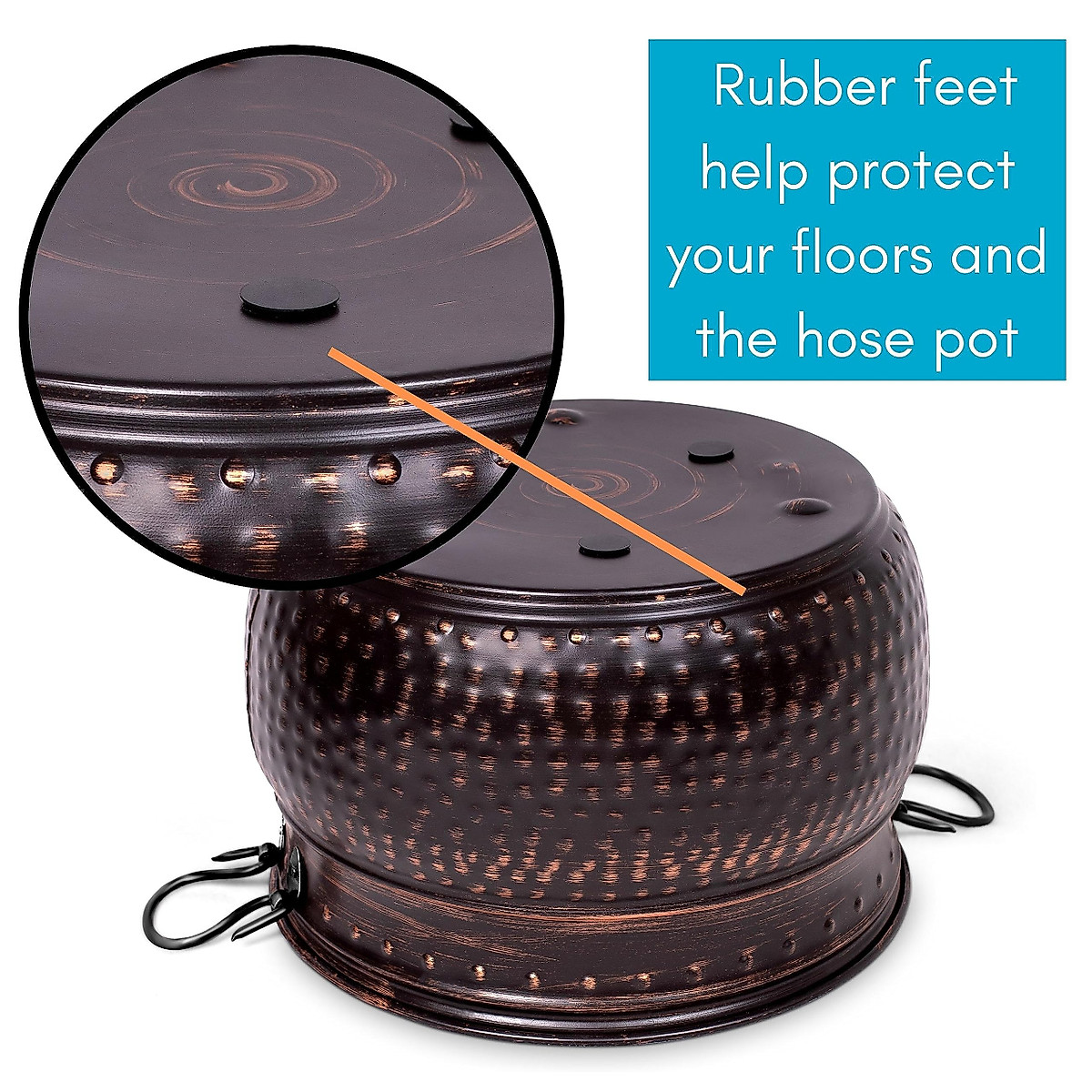 BIRDROCK HOME Decorative Water Hose Holder with Lid | Holds 200ft Hoses | Distressed Bronze | Ground Garden Hose Pot | Handle | Embossed | Steel Metal with Copper Accents | Outdoor or Indoor Use