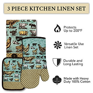 Oven Mitt and Potholder Kitchen Set | 3 Piece Vintage Farm Animals Kitchen Accessory | Perfect for Home and Professional Use | Hands Protection Waterproof Oven Glove, Potholder and Tea Towel