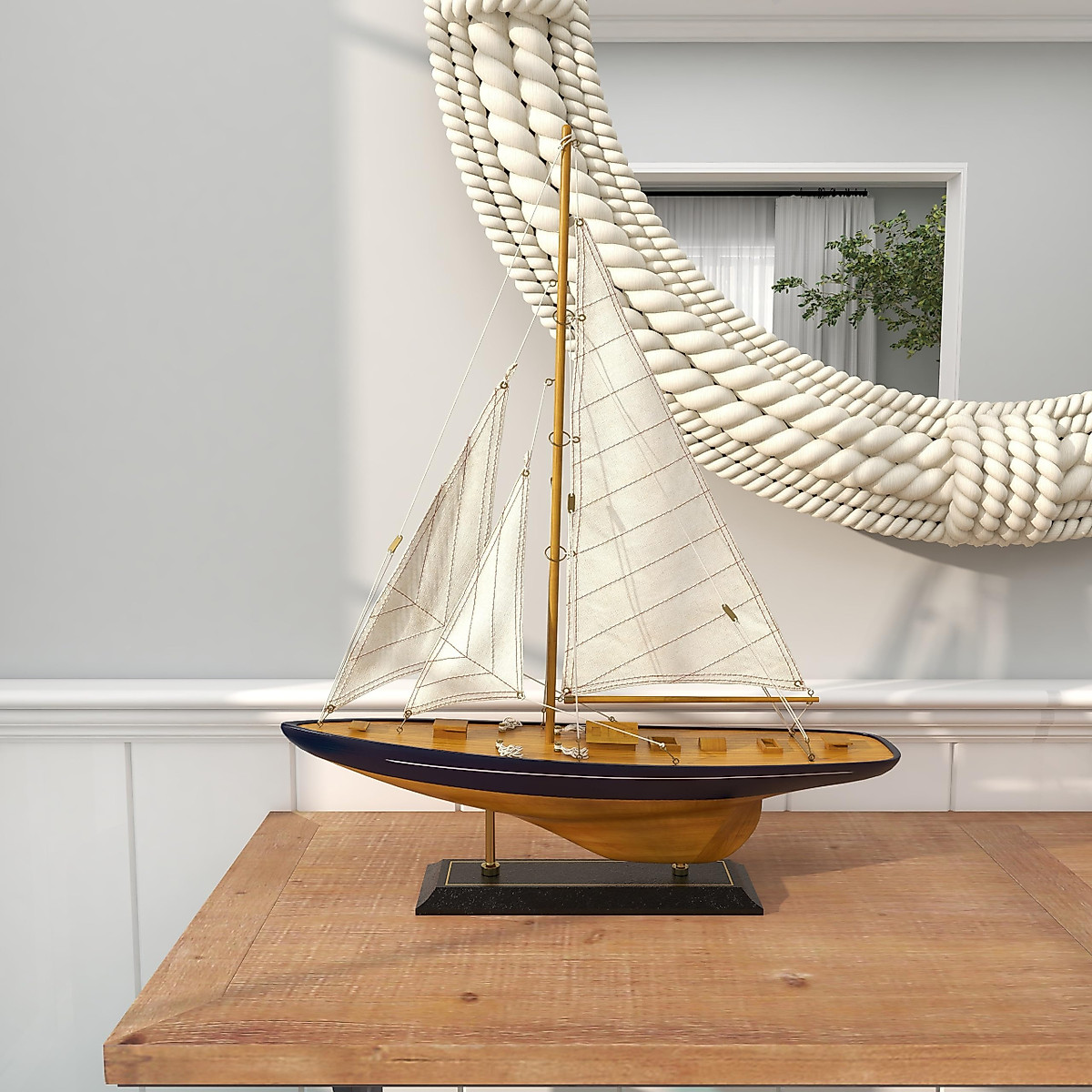 Deco 79 Wood Sail Boat Sculpture with Lifelike Rigging, 17" x 4" x 21", Beige