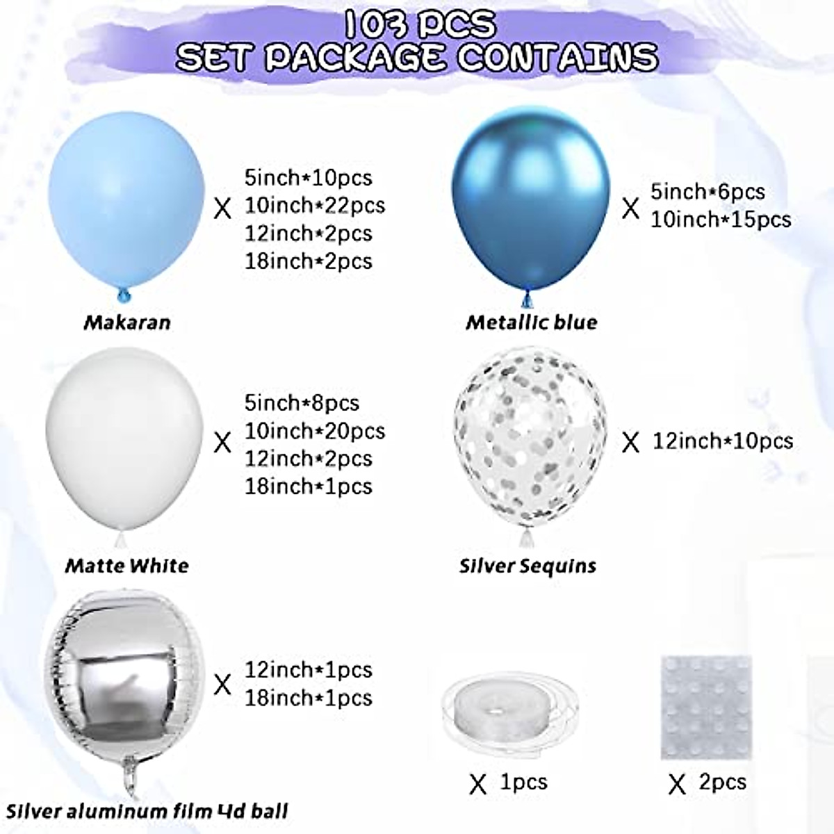 Blue and Silver balloon Arch Kit, Blue Balloon Garland Kit, Metallic Blue White and Silver Confetti Latex Balloons for Boy Girl Party Birthday Baby Shower Wedding Graduation Anniversary Decorations