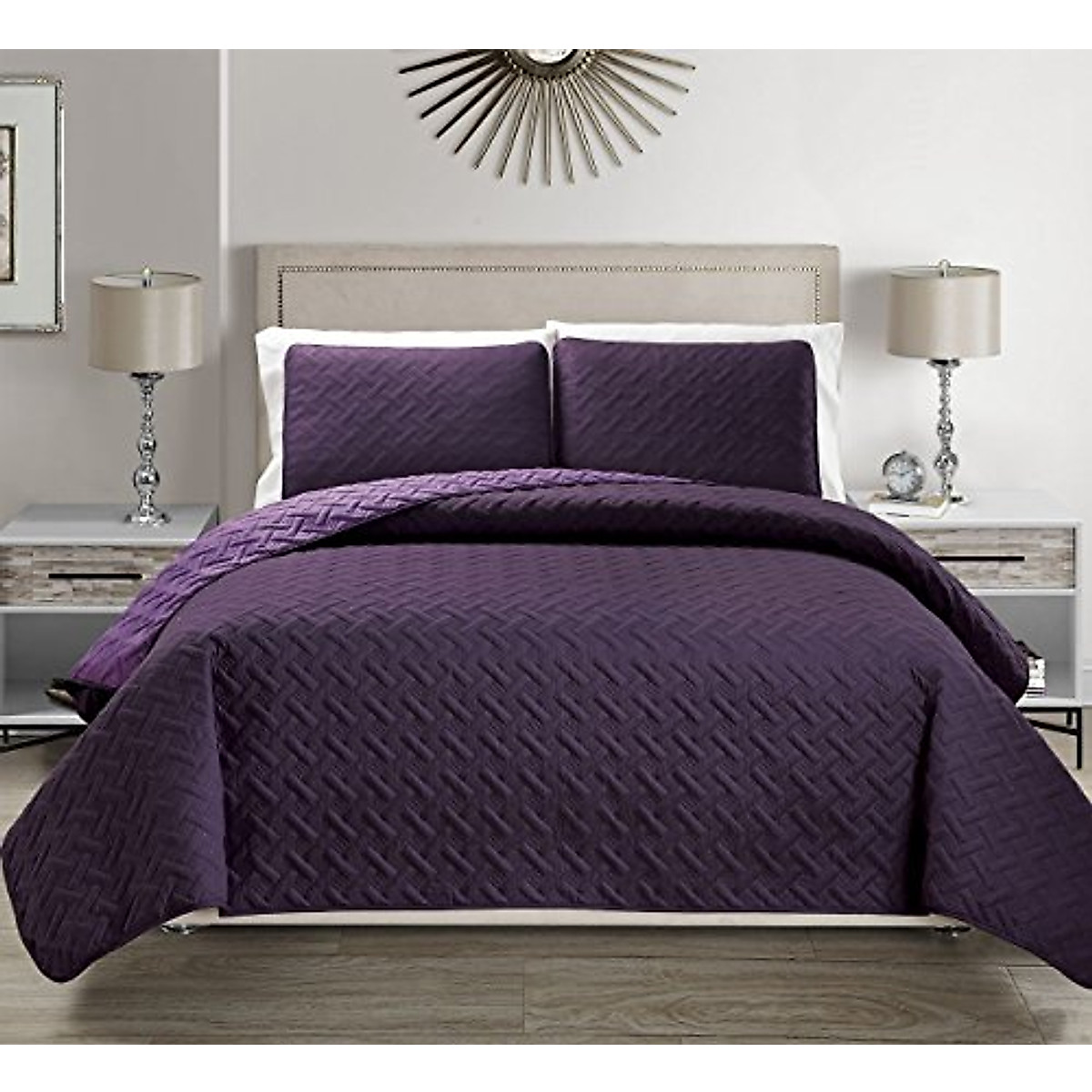 KingLinen Embossed Purple Reversible Bedspread/Quilt Set Queen