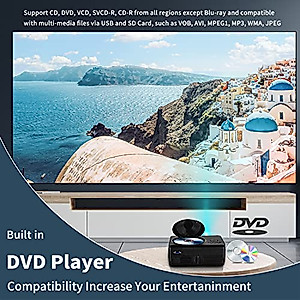 DVD Projector Protable Built in DVD Player HD 1080P Supported Movie Projector for Outdoor Use Compatible with HDMI, USB, AV, TF, VGA, TV Stick
