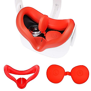 VR Face Silicone Cover Mask Combo with Protective Lens Cover for Quest 2 Headset Face Pad Cushion Accessories Set Sweatproof Lightproof by X-super Home (Red, Oculus Quest 2)