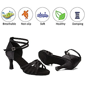 DKZSYIM Women's Satin Latin Dance Shoes Professional Ballroom Salsa Practice Performance Dancing Shoes,213-Black-7,US 5