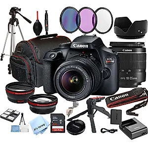 Canon EOS Rebel T100 DSLR Camera w/EF-S 18-55mm F/3.5-5.6 Zoom Lens + 64GB Memory + Case + Tripod + Filters (28pc Bundle)