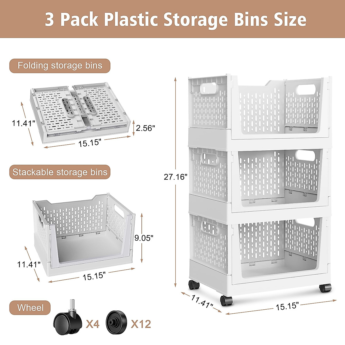 Stackable Storage Bins, Folding Collapsible Closet Organizers and Storage Bins Box, Plastic Shelves Drawer Organizer Container for Closet Office Bedroom Kitchen Bathroom with Wheels, White, 3 Pack