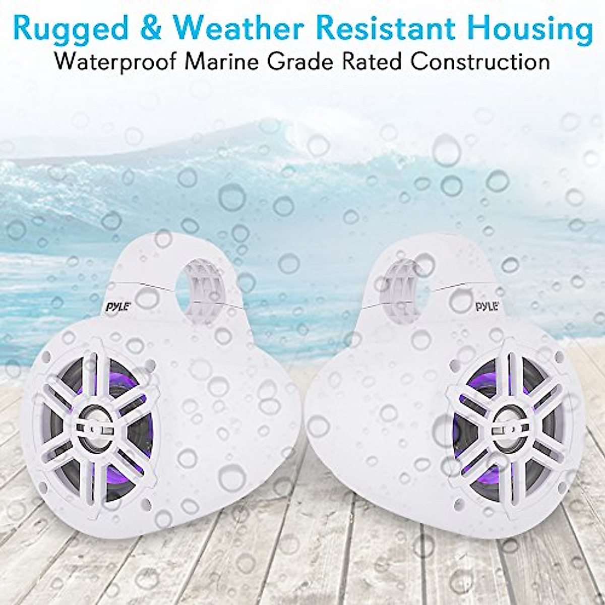 Pyle Waterproof Marine Wakeboard Tower Speakers - 4in Dual Subwoofer Speaker Set w/LED Lights & Bluetooth for Wireless Music Streaming - Boat Audio System w/Mounting Clamps PLMRLEWB47WB (White)