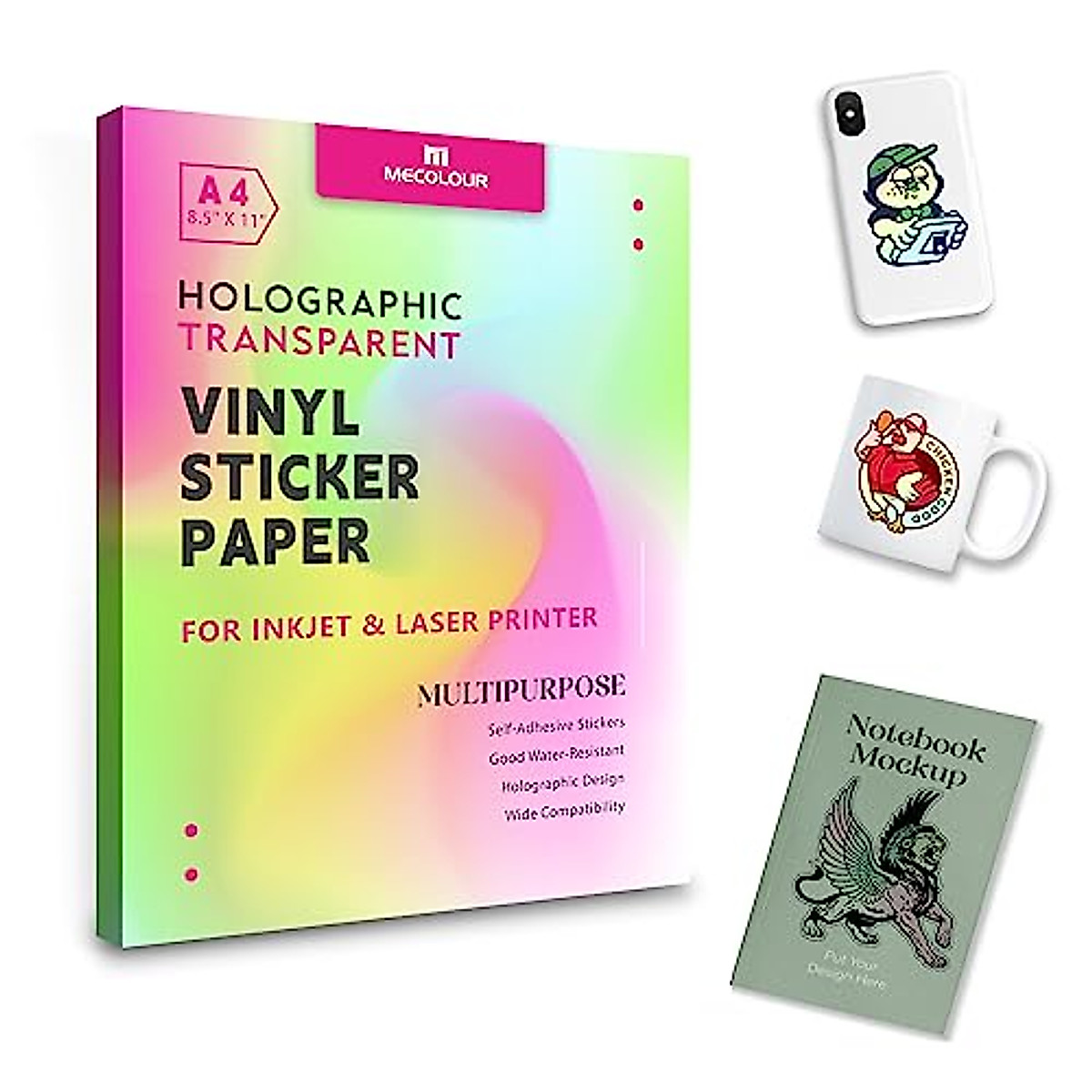 Printable Vinyl Sticker Paper DIY Decal Paper for Inkjet & Laser Printer Self-Adhesive Sheets Holographic Transparent 100 Sheets 8.5X11"