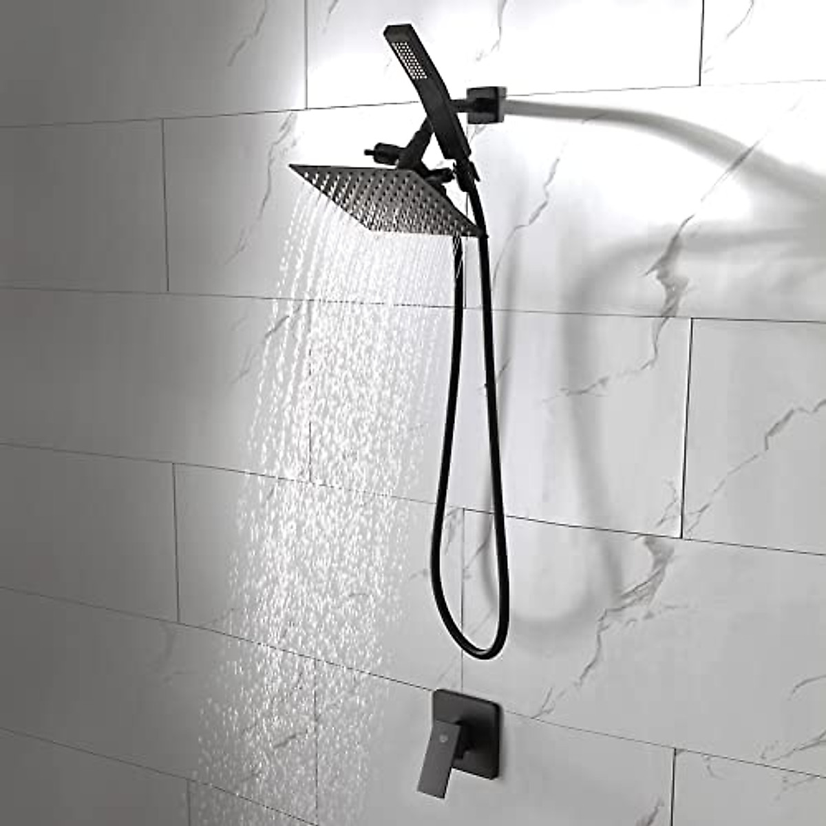 POP SANITARYWARE All Metal Matte Black Shower Faucet Set, Bathroom Rainfall 8 Inch Shower Head System with Handheld Wand, Single Handle Shower Trim Kit with Valve