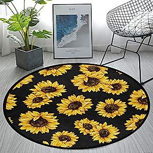 Round Area Rug Non-Slip Large Circle Rugs 3-Feet Diameter for Living Room Bedroom Beautiful Modern Microfiber Soft Carpet Machine Washable Floor Mat Home Decor (Black Sunflower)