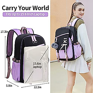 FENGDONG Teenage Girls Bookbag School Backpack Children Casual Daypack Schoolbag for Teens Black Purple