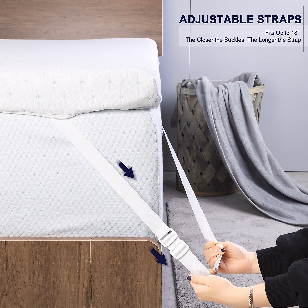 Ferlizer 4 Inch Full Mattress Topper Protector Cover, Oeko-Tex Certified, Bamboo Zippered Cover for Mattress Topper, Adjustable Straps & Anti-Slip Silicone Bottom, Removable & Washable - Cover Only