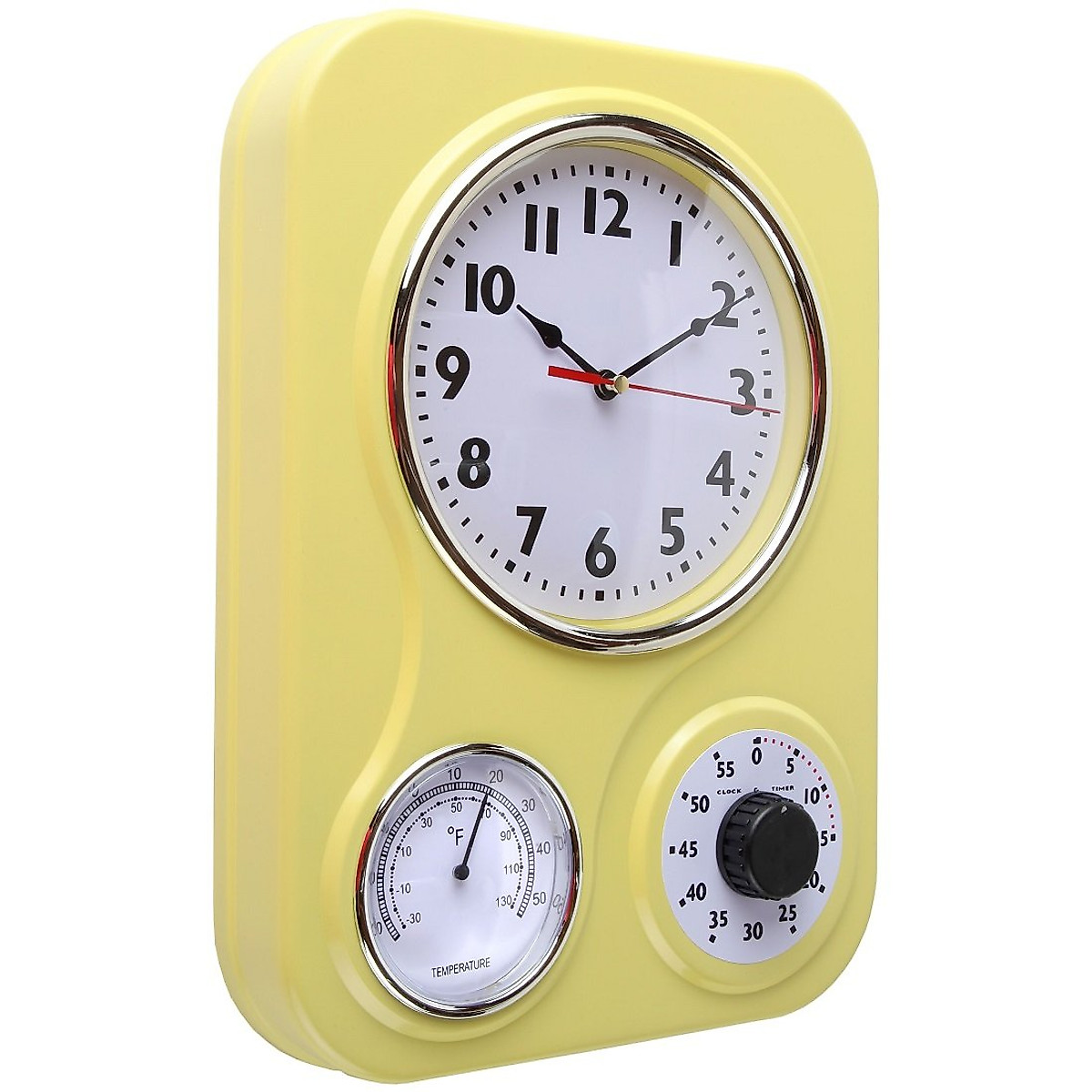 Lily's Home Retro Kitchen Wall Clock, with a Thermometer and 60-Minute Timer, Ideal for Any Kitchen, Yellow (9.5 in x 13.3 in)