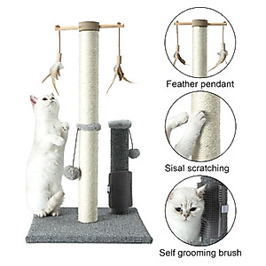 PAWSFANS Cat Scratching Post,Sisal Scratch Posts Vertical Scratcher for Indoor Cats and Kittens,with self Grooming Bursh and Interactive Toys 30 Inches Tall Grey