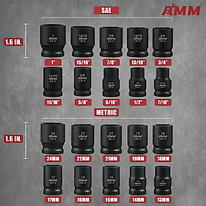 AMM 1/2" Drive Master Impact Socket Set, 24-Piece Shallow Standard SAE (7/16-Inch to 1-Inch) & Metric (13-24 mm) Sizes, Socket Assortment with Ratchet Handle，Cr-V Steel
