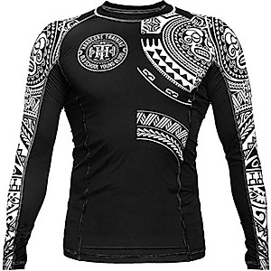Hardcore Training Ta Moko Black Men's Rash Guard Compression Long Sleeve MMA No-Gi Tight BJJ Grappling Base Layer Fitness (Large Size, Black White)