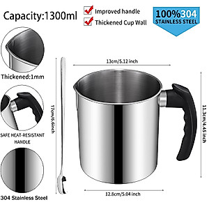 Candle Making Pouring Pot, DINGPAI 44oz Double Boiler Wax Melting Pot, 1pc Spoon, 304 Stainless Steel Candle Making Pitcher, Silver Color with Heat-Resistant Handle and Dripless Pouring Spout Design