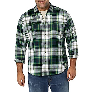 Amazon Essentials Men's Regular-Fit Long-Sleeve Two-Pocket Flannel Shirt, Green/Ivory, Plaid, X-Large