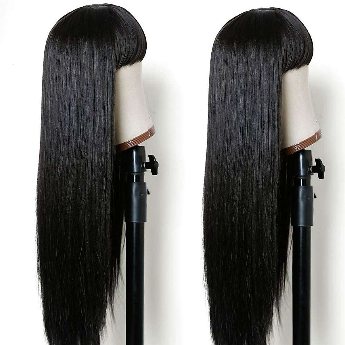 TIMANZO Long Straight Remy Hair Wigs Natural Black Heat Resistant Fiber Hair Full Machine Wig with Bangs Cosplay Party Wig For Fashion Women(24 Inches Natural Black Hair)