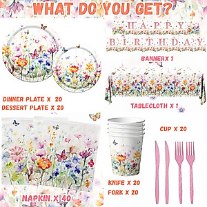 Wildflower Baby Shower Decorations,142Pcs Wildflower Baby in Bloom Plates and Napkins,Tablecloth,Cup Butterfly Floral Theme Table Decorations for Bridal Shower Birthday Party