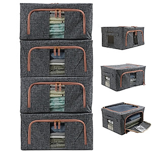 Linen Clothes Storage Bins, 4PCS Sturdy Closet Organizers and Storage Bin with Metal Frame, 2 Opening Ways Fabric Visible Lidded Storage Box for Organizing Clothing,Jeans,Sheets (4PC Gray, 22Liters)
