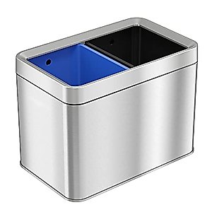 iTouchless 5.3 Gallon Open Top Trash Can & Recycle Bin Dual Compartment Combo, includes Decals, 20 Liter, Stainless Steel, Removable Buckets, For Kitchen, Office, Bedroom