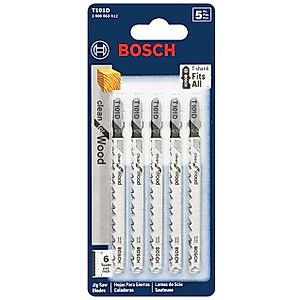 Bosch T101D 5-Piece 4 In. 6 TPI Clean for Wood T-Shank Jig Saw Blades