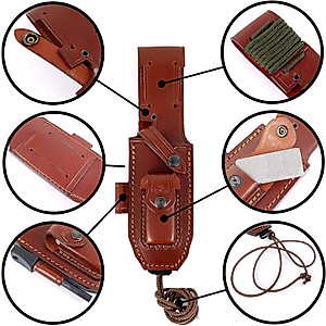 JEO-TEC Nº35 Bushcraft Survival Hunting Camping Fixed Blade Knife, MOVA-58, 10'' Overall, Genuine Leather Multi-Position Sheath + Firesteel + Sharpener Stone, Handmade