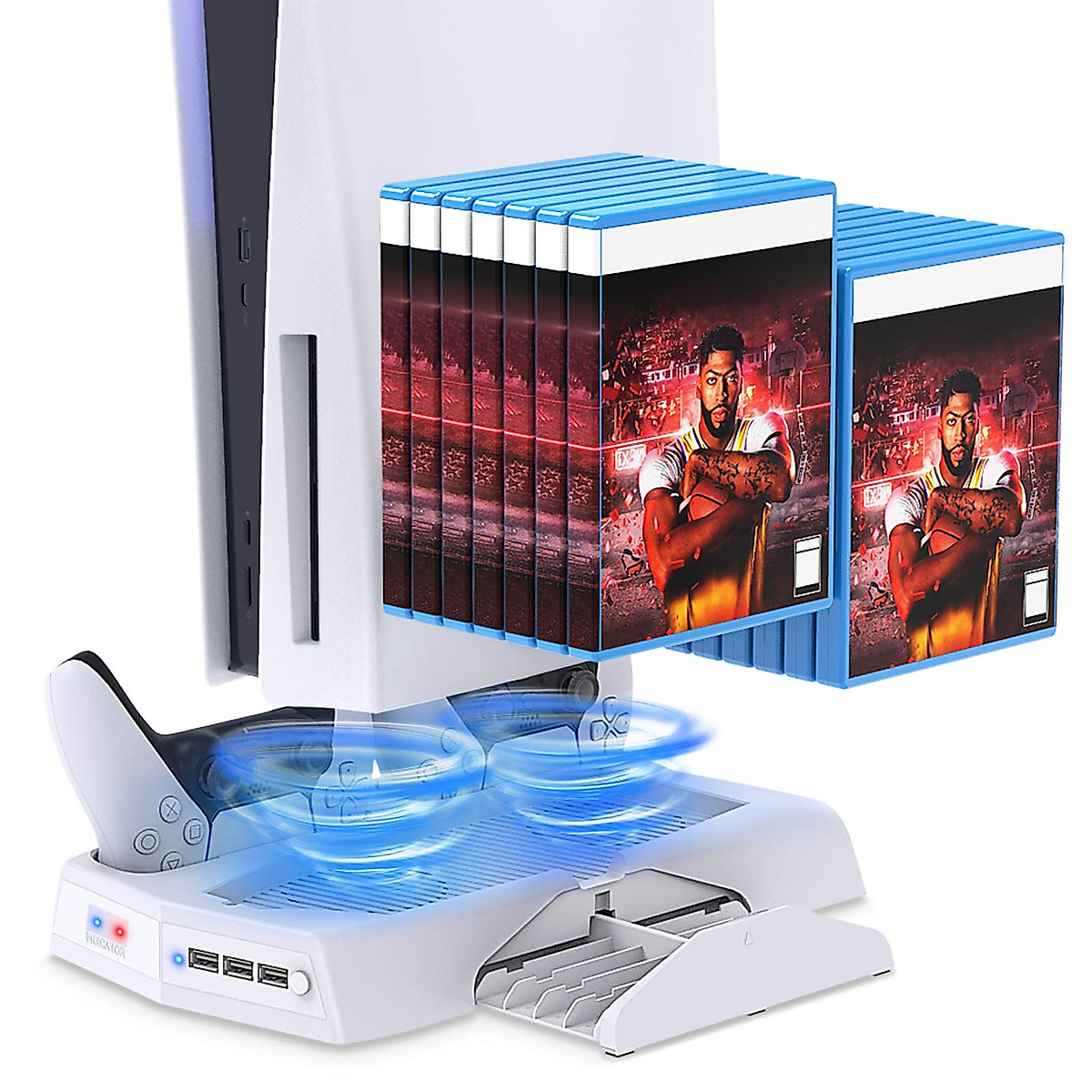 MENEEA Vertical Stand for PS5 Digital Edition/Ultra HD with Dual Controller Charging Station & Suction Cooling Fan & 14 Retractable Game Slots, for PS5 Gaming Accessories for PS5 Console