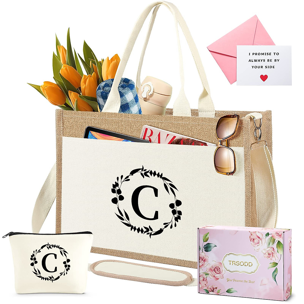Birthday Gifts for Women Mothers Day Gifts for Mom Wife Grandma Daughter Sister Bridesmaid Initial Jute Tote Bag and Makeup Bag C