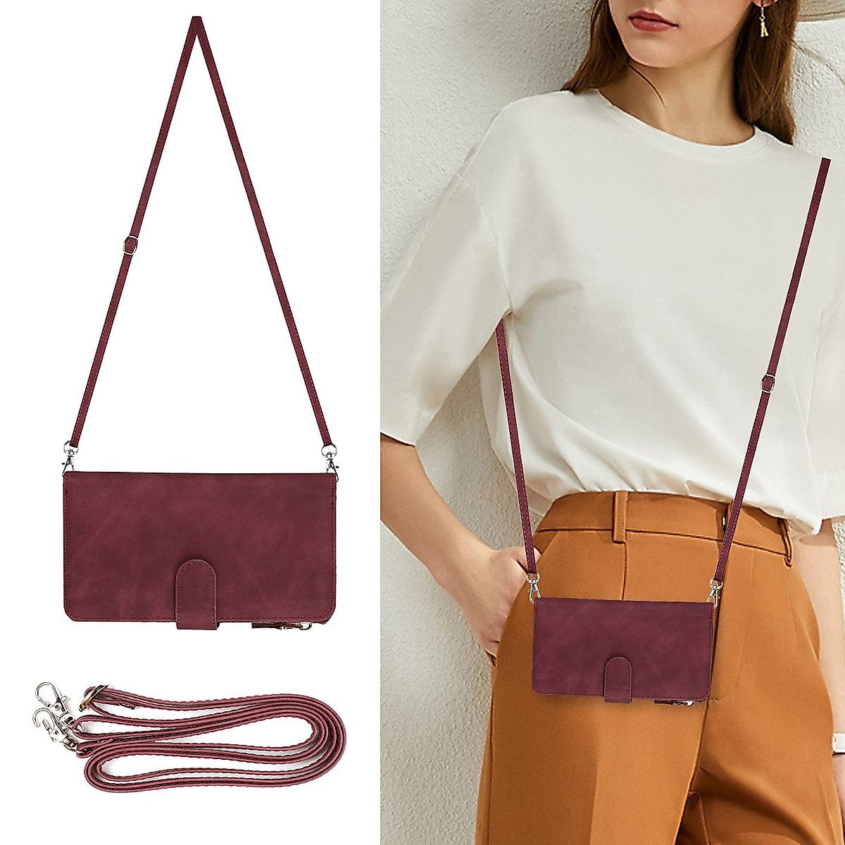 Jaorty for iPhone 14 Pro Max Phone Wallet Case for Women with Credit Card Holder,for iPhone 14 Pro Max Crossbody Case with Strap Lanyard, Zipper Pocket PU Leather Cases,6.7 Inch,Burgundy