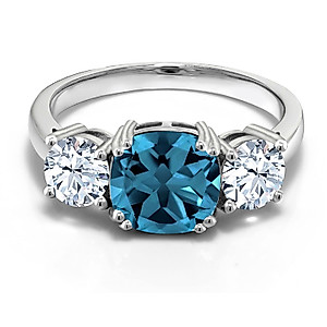 Gem Stone King 925 Sterling Silver London Blue Topaz and White Zirconia 3 Stone Engagement Ring For Women | 4.24 Cttw | Gemstone Birthstone | Cushion 8MM | Available in Size 5,6,7,8,9