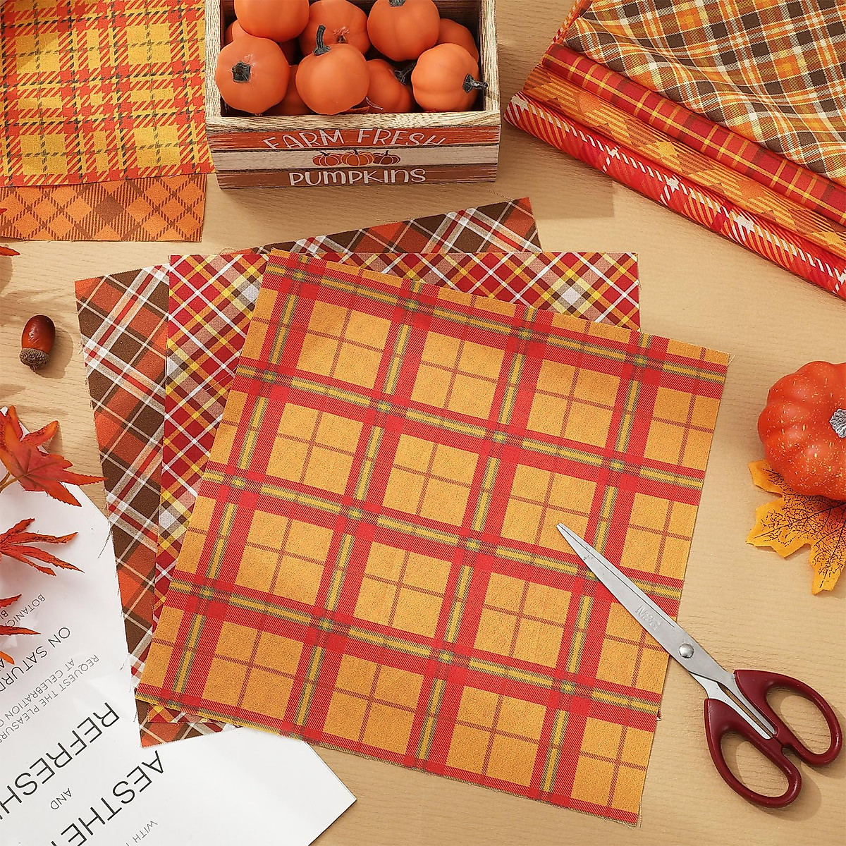 JarThenaAMCS 40Pcs Fall Cotton Fabric Bundles Orange Yellow Buffalo Plaid Fat Quarters Autumn Thanksgiving Quilting Patchwork for DIY Craft Home Party Decor, 10 x 10 Inch