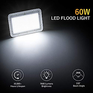 DuuToo [2Pack] 60W LED Flood Light, 7600lm Super Bright Security Lights, IP66 Waterproof Outdoor Flood Light, 6000K Daylight White Floodlight for Yard, Garden, Playground, Basketball Court