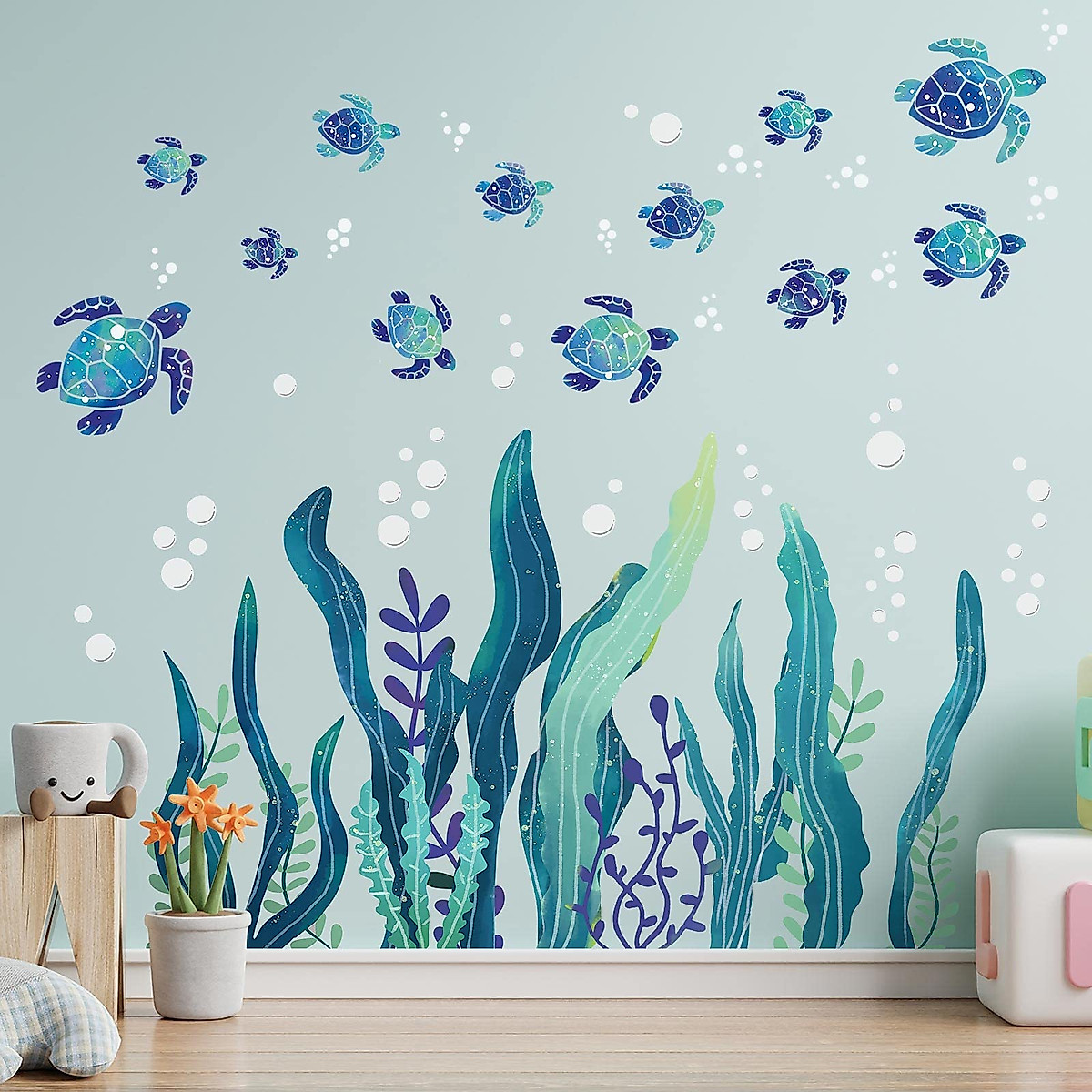 Sea Turtle Wall Decals 3D Ocean Grass Seaweed Stickers Under The Sea Wall Decals Decor Bubbles Peel and Stick Removable Vinyl Underwater Wall Sticker for Bathroom Bedroom Nursery Room Decoration