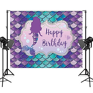 Maijoeyy 7x5ft Mermaid Birthday Backdrop Glitter Blue Purple Mermaid Scales Photography Background Under The Sea Mermaid Princess Birthday Party Banner Decorations