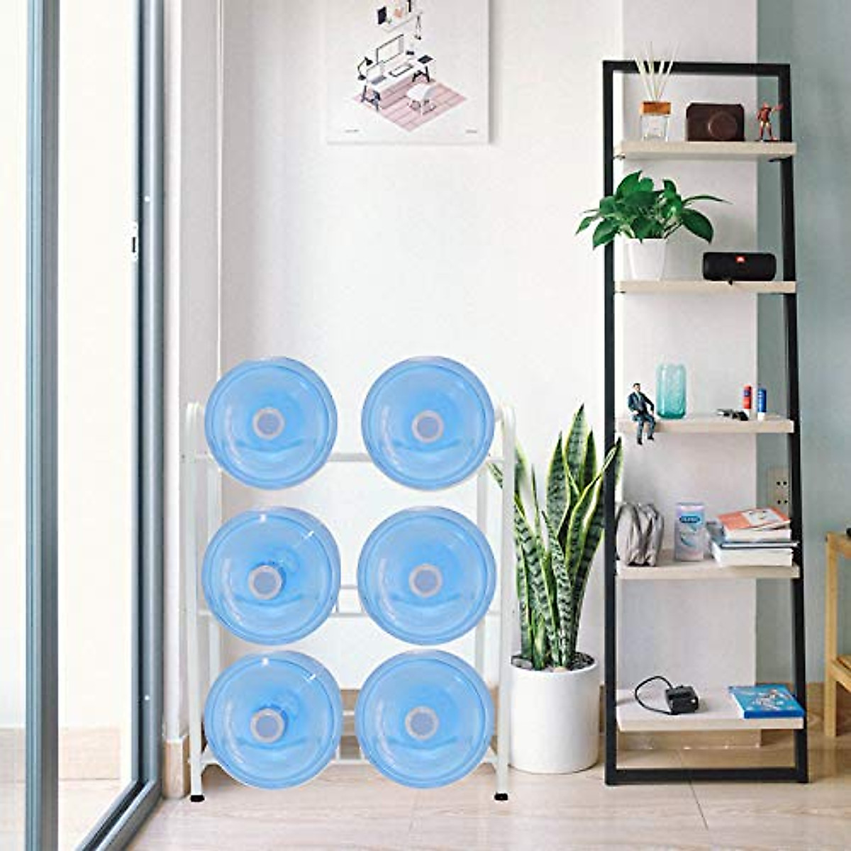 5 Gallon Water Cooler Jug Rack,3-Tier Water Bottle Holder for 6 Bottles,Heavy Duty Water Jug Storage Shelf of Carbon Steel,Detachable Water Jug Organizer Floor Protection for Home Office （White）