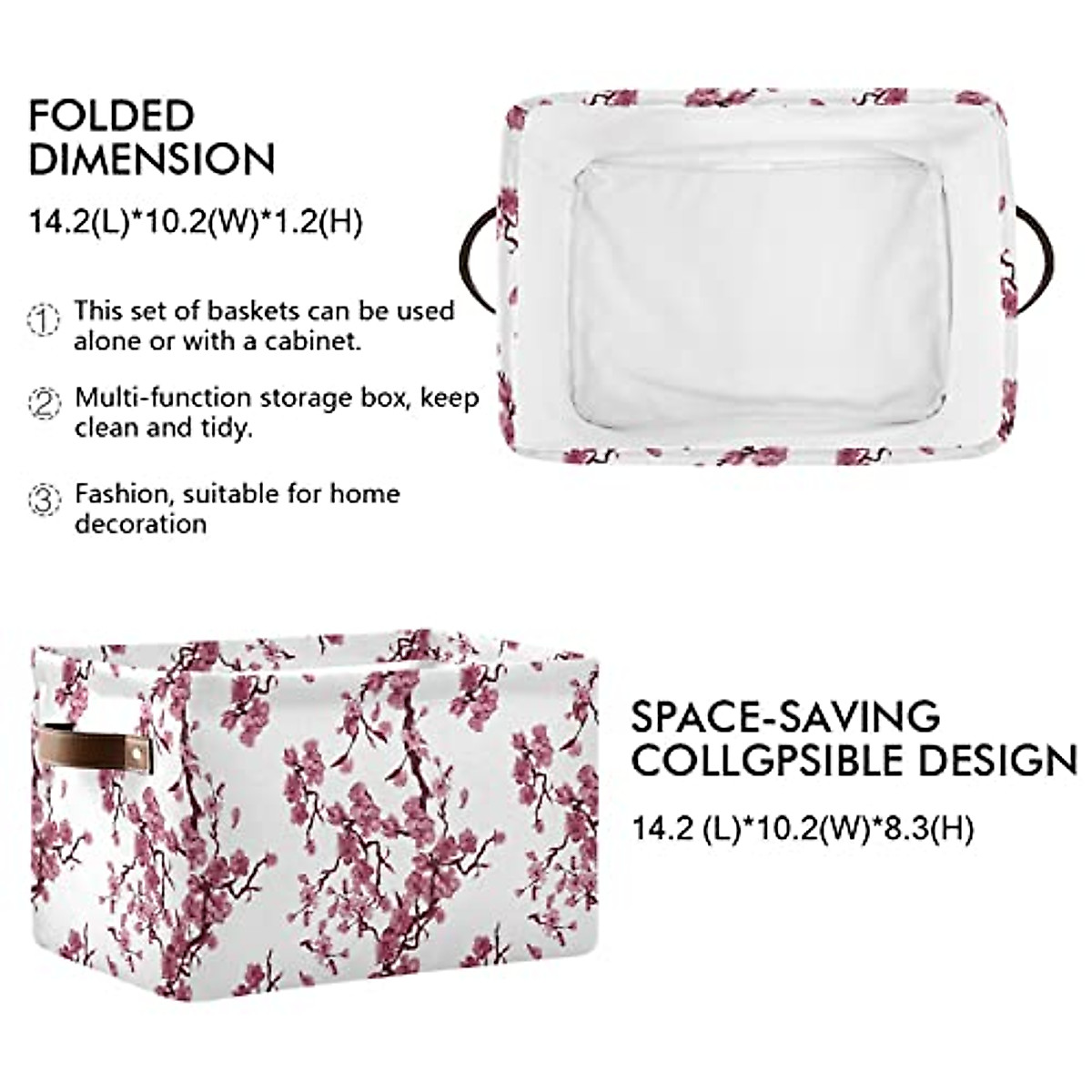Pink Flowers White Storage Baskets Large Foldable Storage Bin Canvas Toys Box Fabric Decorative Collapsible Organizer Bag with Handles 2 Pcs