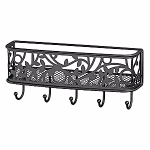 mDesign Wall Mount Metal Entryway Storage Organizer Mail Sorter Basket with 5 Hooks - Letter, Magazine, Coat, Leash and Key Holder for Entryway, Mudroom, Hallway, Kitchen, Office - Matte Black