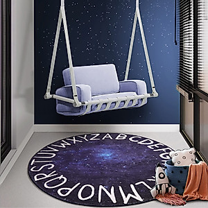LIVEBOX Space Round ABC Rug for Kids Playroom, Alphabet Nursery Rug Crawling Play Mat for Children Bedroom, Galaxy Washable Rug Learning Carpet for Baby Toddlers Room (47",Star Blue)