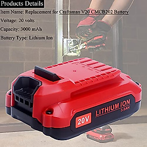 Lasica 2-Pack 20V Tool Battery 3.0 Ah Replacement for Craftsman V20 Battery CMCB202-2 CMCB201 CMCB204-2 Compatible with Craftsman V20 Max Cordless Power Tools CMCS714M1 CMCV002B CMCW220B CMCS600B