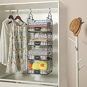 Jautokerdar 4 Tiers Hanging Closet Shelves-Clothes Haning Organizer with Name Plate S Hooks, Wall Mount&Cabinet Wire Storage Basket Bins, for Clothing Sweaters Shoes Handbags Clutches Accessories