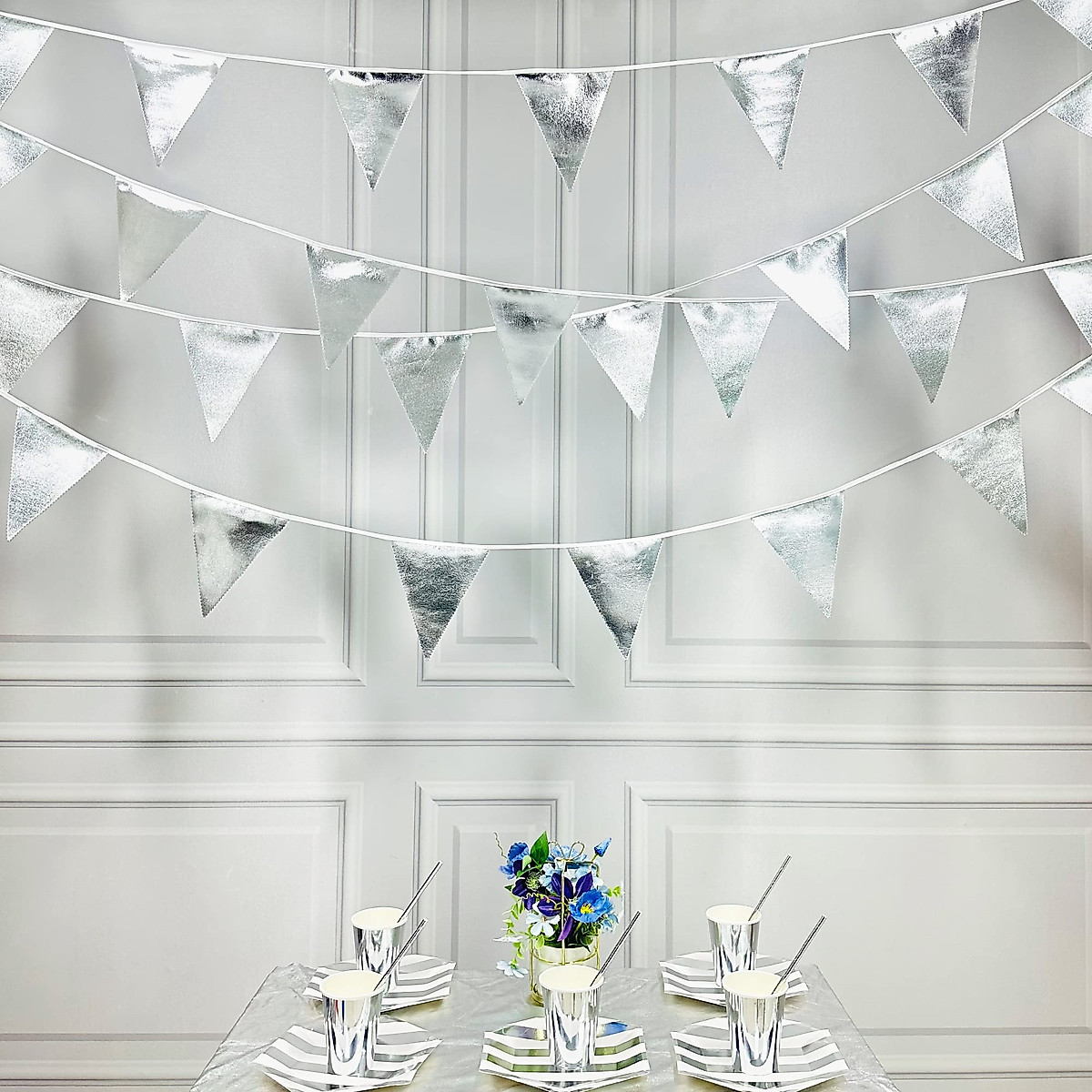 Silver Party Decorations Metallic Fabric Triangle Pennant Banner Silver Flag Bunting Garland for Graduation Birthday Wedding Bridal Shower Anniversary Engagement Bachelorette Party Decoration Supplies