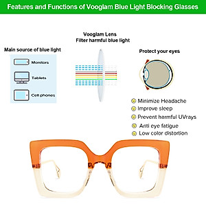 VOOGLAM Oversized Thick Square Blue Light Blocking Glasses for Women Orange Fashion Eyewear with Pearl Inlay Arm Anti Eyestrain UV Valarie