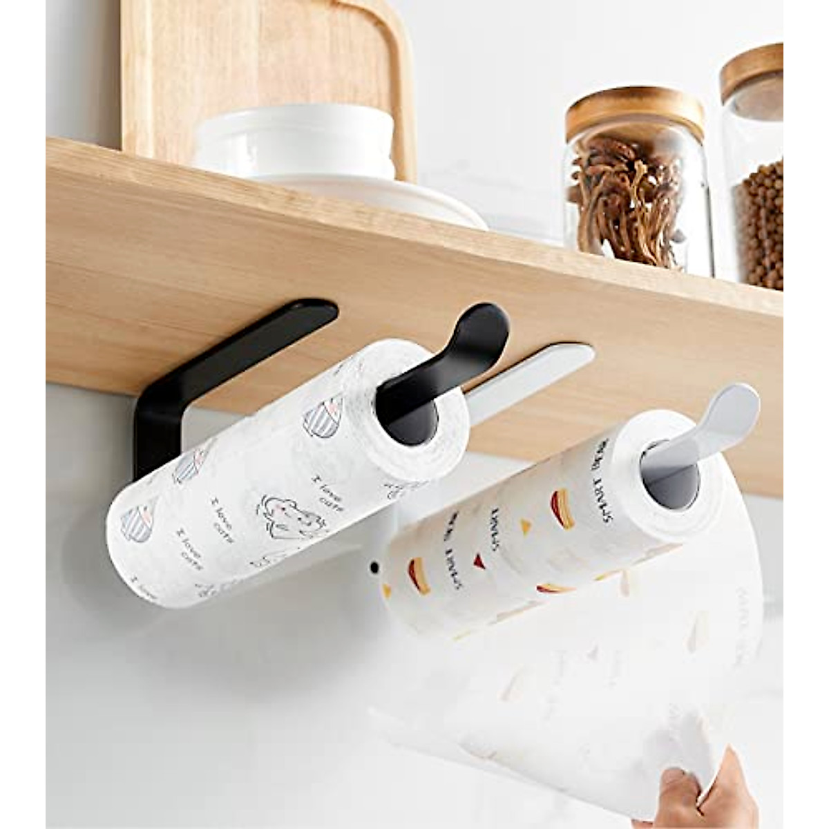 CHAUNCEY HOME Adhesive Paper Towel Holder Under Cabinet Countertop, 1 Pack, Matte Black, Self-Adhesive Hanging Paper Towels Rolls Holder for Bathroom Kitchen Essentials