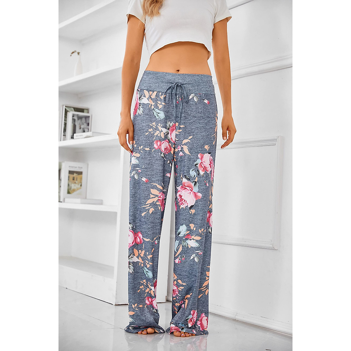 X-Image Women's Fold Over High Waist Wide Leg Long Palazzo Pants Light Grey, Medium