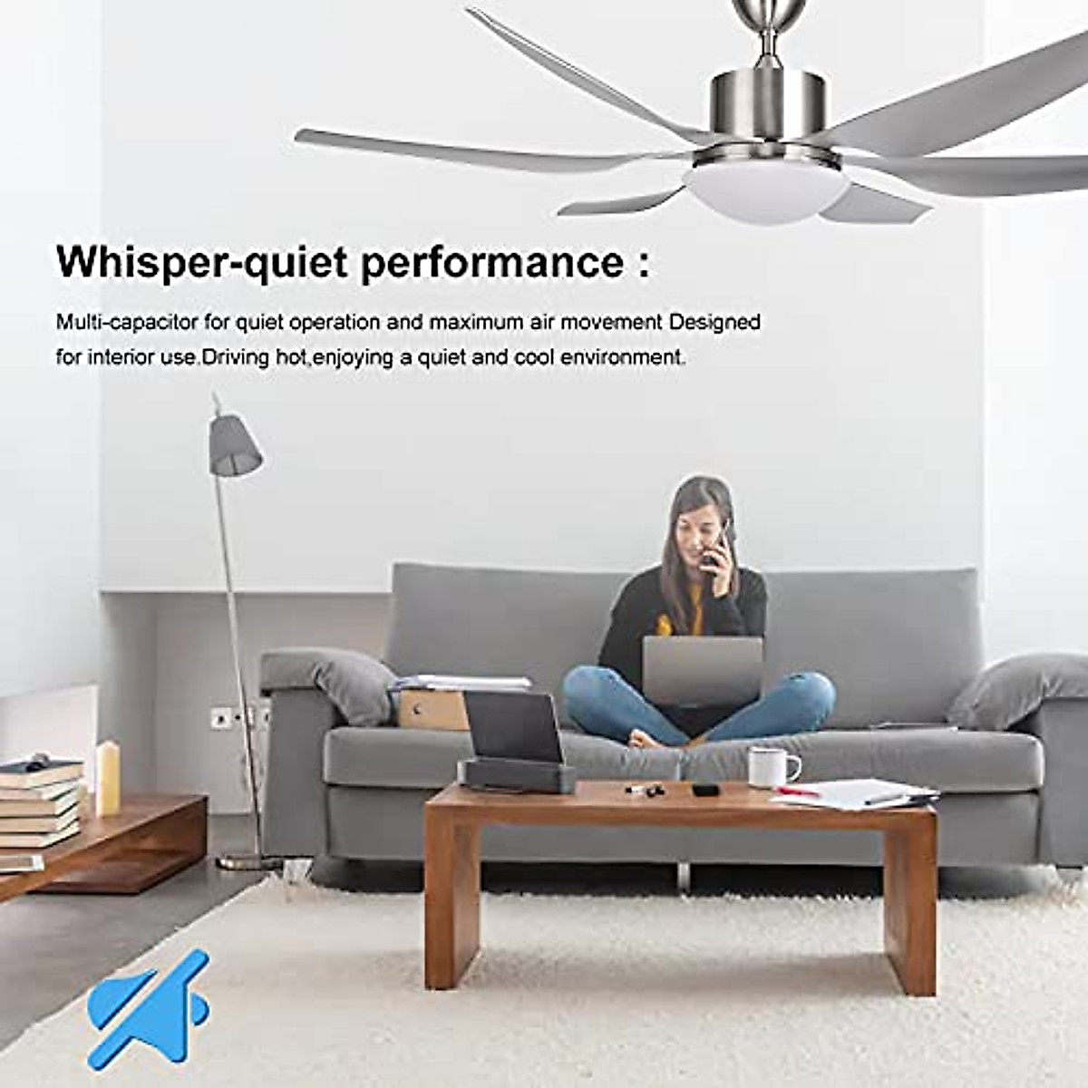 reiga 66" Modern Sleek Ceiling Fan with Dimming Light and APP Remote Control, 6 Matt Sliver Blades Reversible DC Motor for Kitchen, Bedroom, Patio
