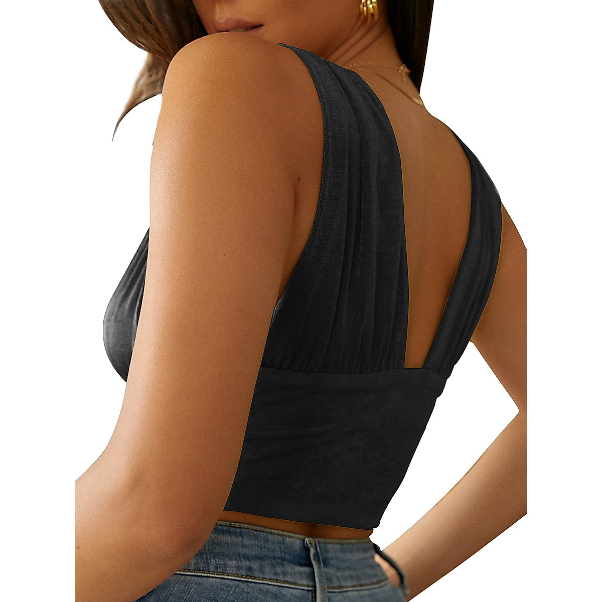 LYANER Women's Sexy Deep V Neck Slim Fitted Strap Crop Cami Tank Sleeveless Top Black Small