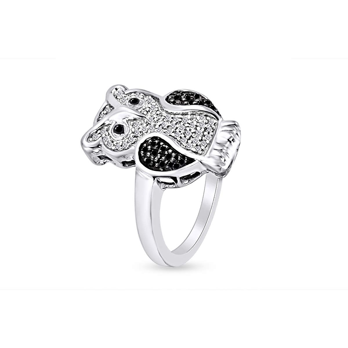 AFFY 1/4 Carat Round Cut Black And White Natural Diamond Owl Ring In 14K White Gold Over Sterling Silver (0.25 Cttw, I2-I3 Clarity) Ring Size-11