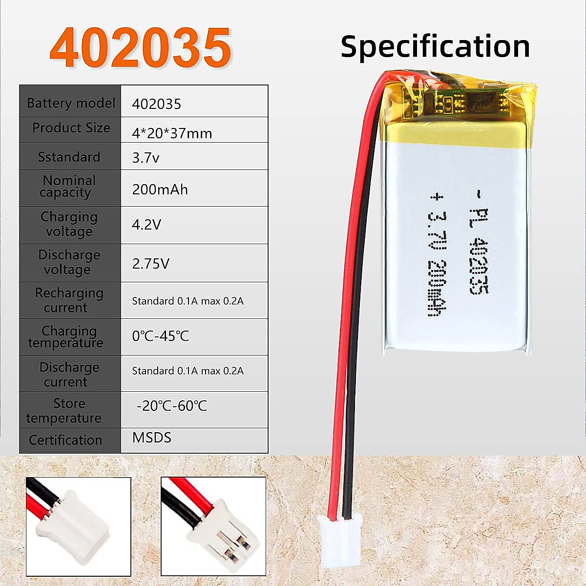 AKZYTUE 3.7V 200mAh 402035 Lipo battery Rechargeable Lithium Polymer ion Battery Pack with JST Connector